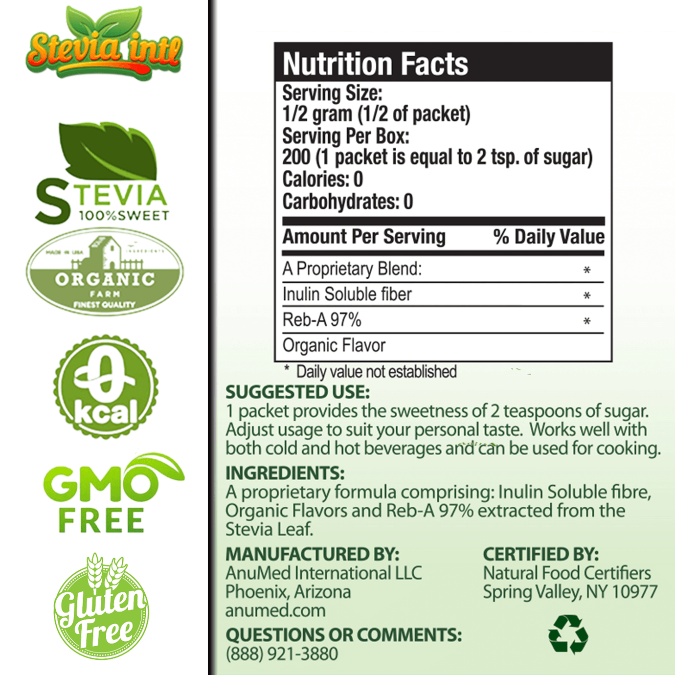 Natural Organic Stevia Packets Powder. All-Natural Stevia Sweetener, B ...